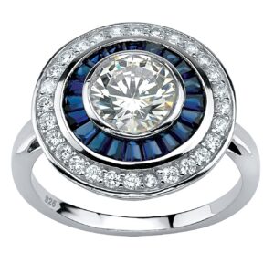 palmbeach platinum-plated sterling silver round cubic zirconia and baguette blue sapphire or green emerald art deco circle ring size 8