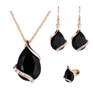 ezing women crystal pendant gold plated chain necklace earring jewelry set (black)