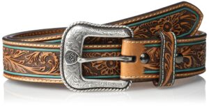 ariat men's floral center tirquoise edge western belt, tan, 36