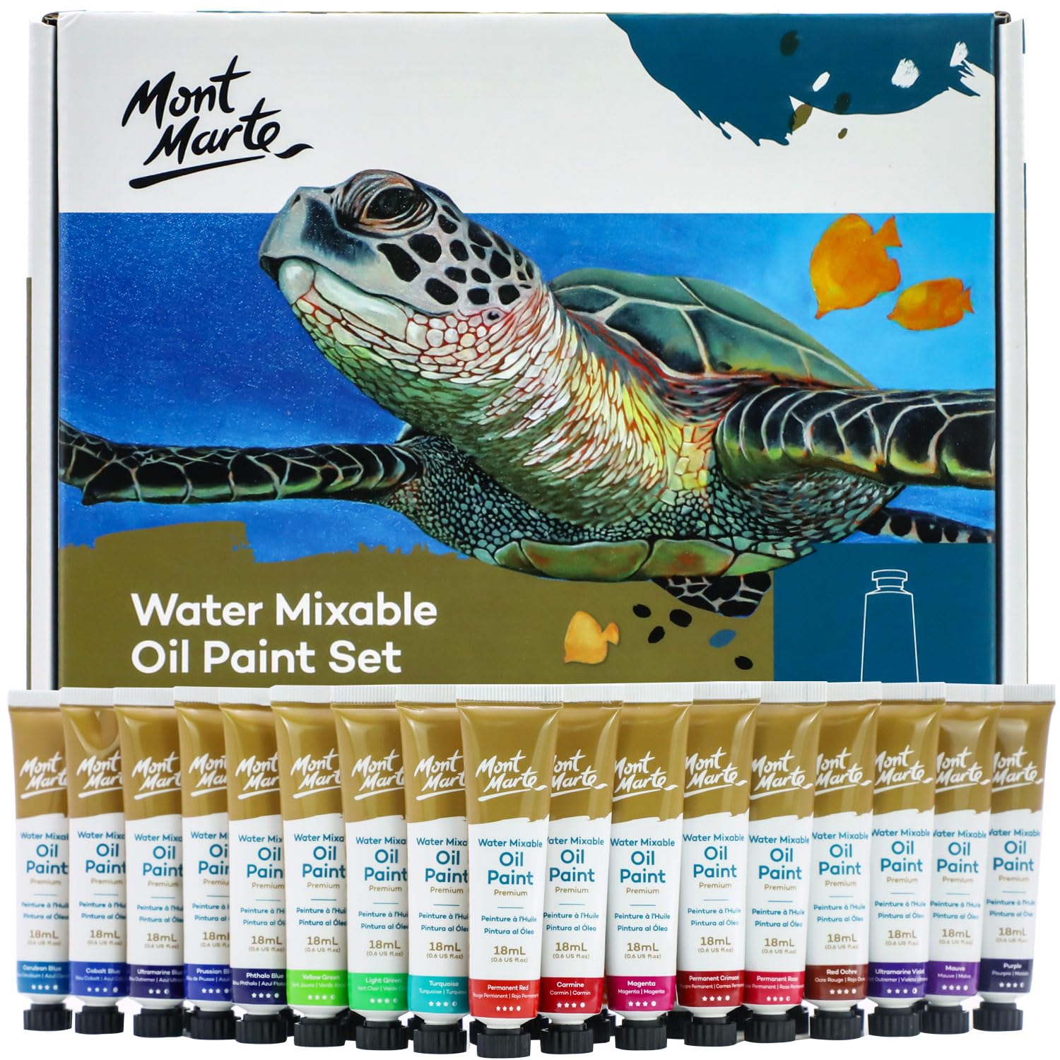 Mont Marte Premium H2O Water Mixable Oil Paint Set, 36 Piece, 18ml Tubes. Mixable with a Range of Mediums. Easily Washes Up with Water.