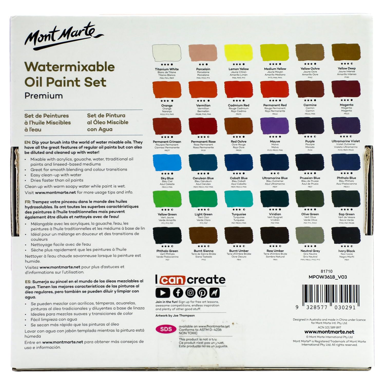 Mont Marte Premium H2O Water Mixable Oil Paint Set, 36 Piece, 18ml Tubes. Mixable with a Range of Mediums. Easily Washes Up with Water.