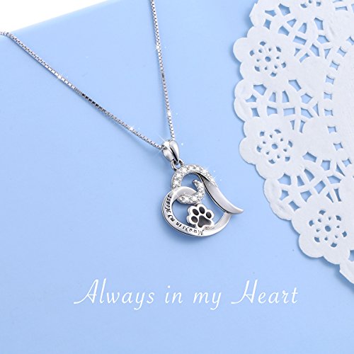 FLYOW Paw Necklace 925 Sterling Silver Always in My Heart Cute Puppy Paw Print Love Heart Pendant Necklace Memorial Gift for Women, 18"