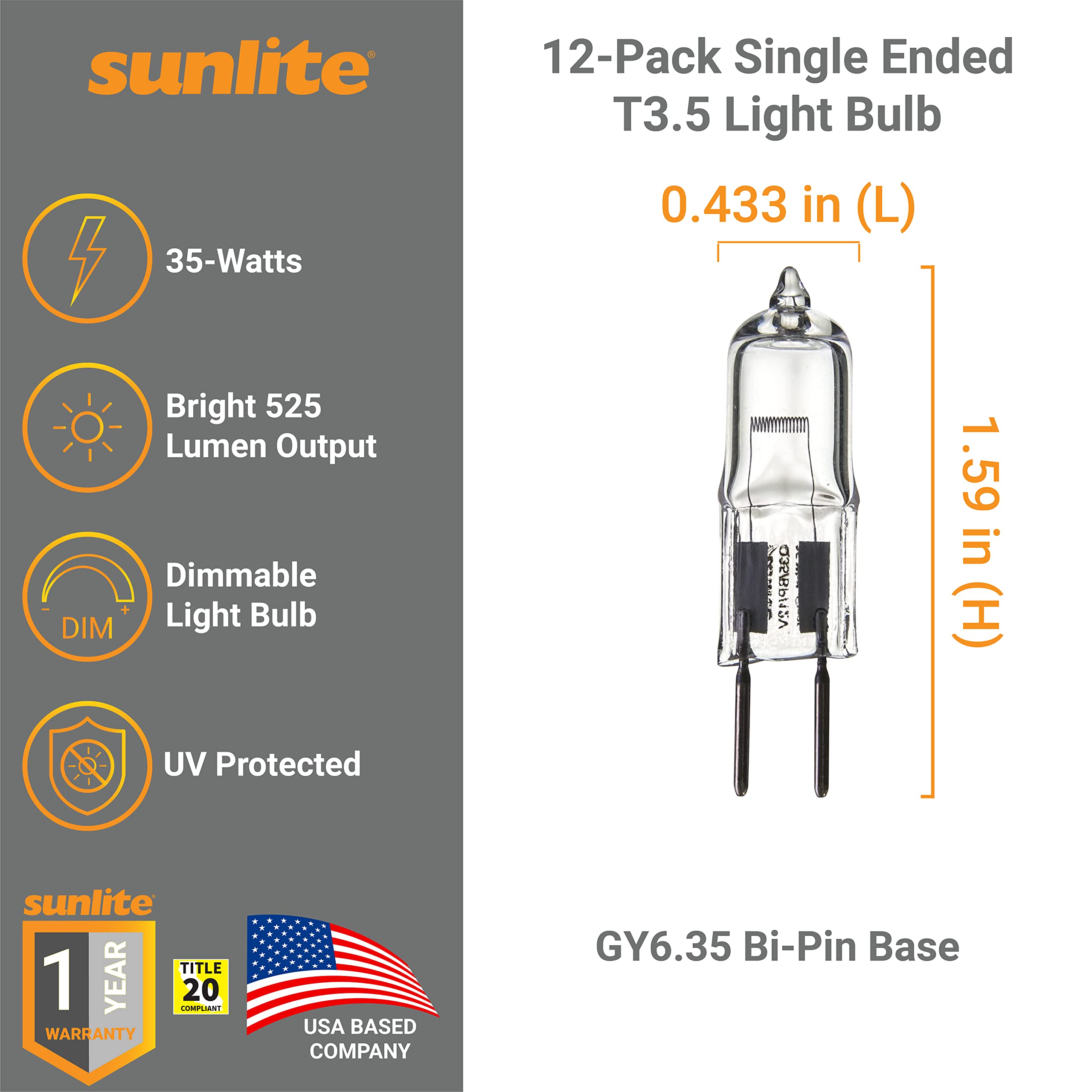 Sunlite 40615-SU Q35/GY6/12V Halogen 35-Watt Single Ended T3.5 Light Bulb, 525 Lumens, 12 Volts, GY6.35 (Bi-Pin) Base, Clear, 2000 Hour Life Span, 3200K - Warm White 12 Pack