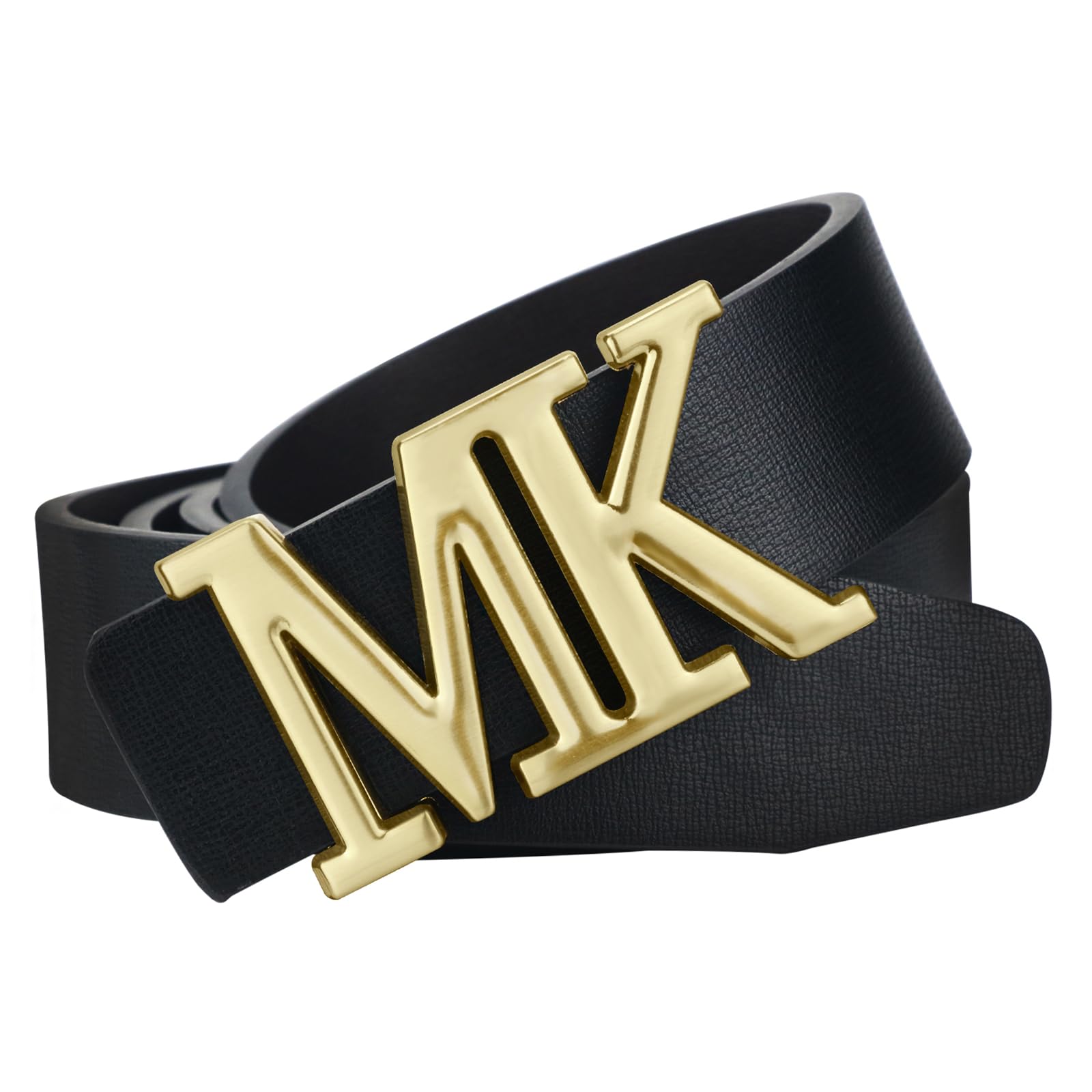 maikun Men's Reversible Leather Dress Belt 1.3" Wide Gold Rotated Buckle Valentine's Day, Black Belt,For Waist Size 32-34''