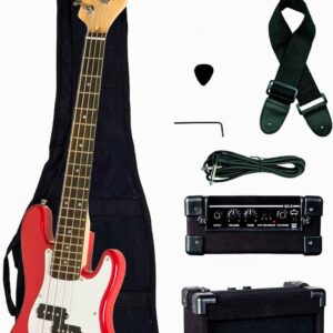 Raptor 3/4 Scale, 38 Inches Size Kids 4 Strings Electric P Bass Package - RED. With 5W Amp, Gig Bag, Strap, 10ft Cable, Picks