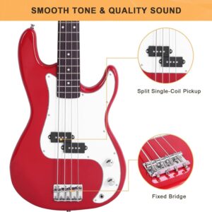 Raptor 3/4 Scale, 38 Inches Size Kids 4 Strings Electric P Bass Package - RED. With 5W Amp, Gig Bag, Strap, 10ft Cable, Picks