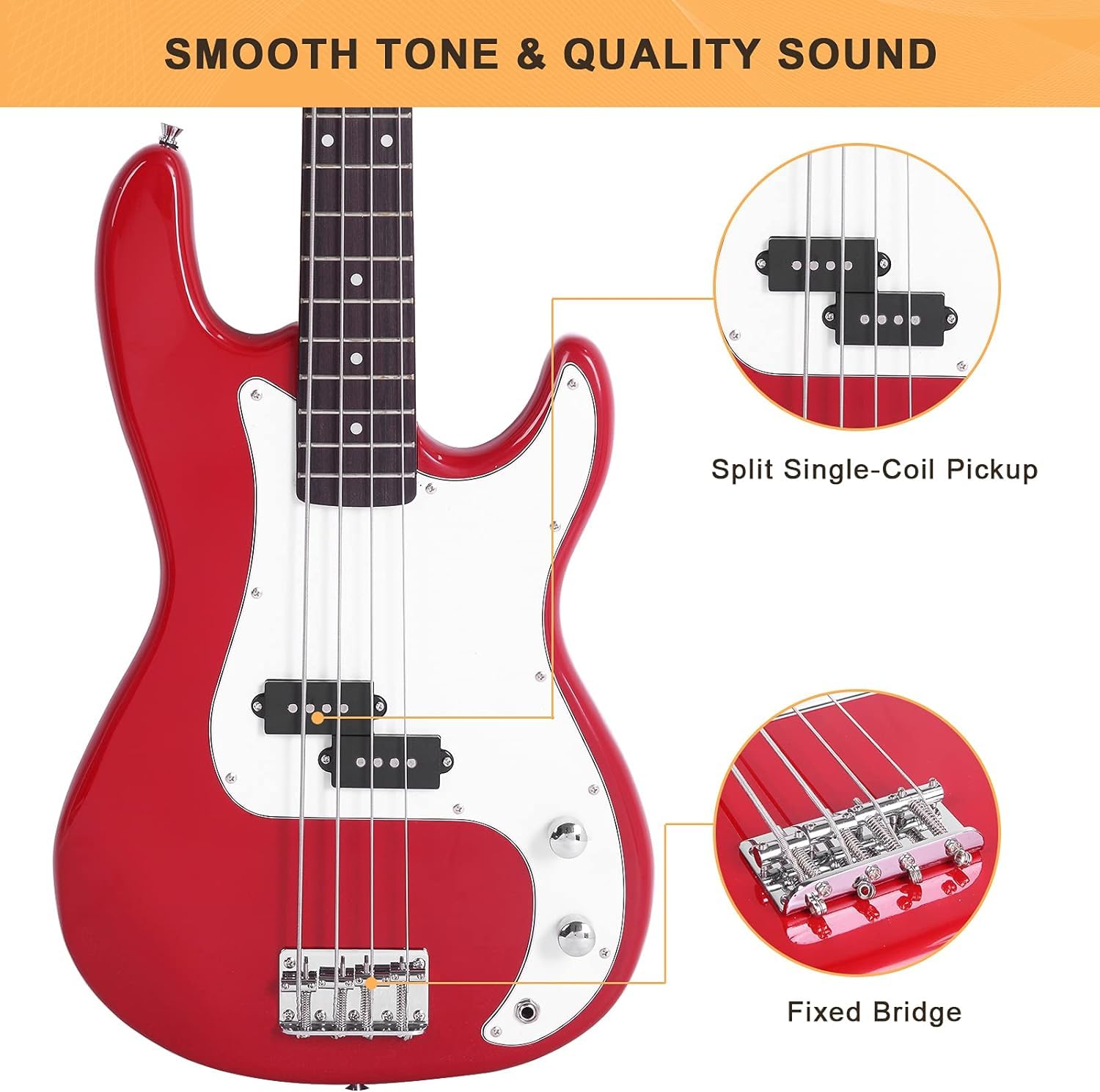 Raptor 3/4 Scale, 38 Inches Size Kids 4 Strings Electric P Bass Package - RED. With 5W Amp, Gig Bag, Strap, 10ft Cable, Picks