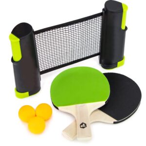 pong on the go portable table tennis playset - comes with net, 2 black/green paddles, 3 balls, and carry bag - indoor/outdoor tabletop travel game alternative to pong tables for all ages