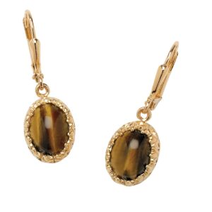 palmbeach yellow gold-plated oval shaped genuine brown tiger's eye drop earrings (12x10mm)