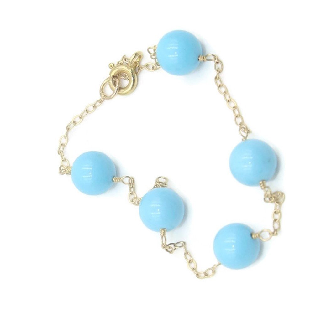 Sophia Fine Jewelry Turquoise Reconstituted Round Tincup 7" Bracelet,14K Yellow Gold