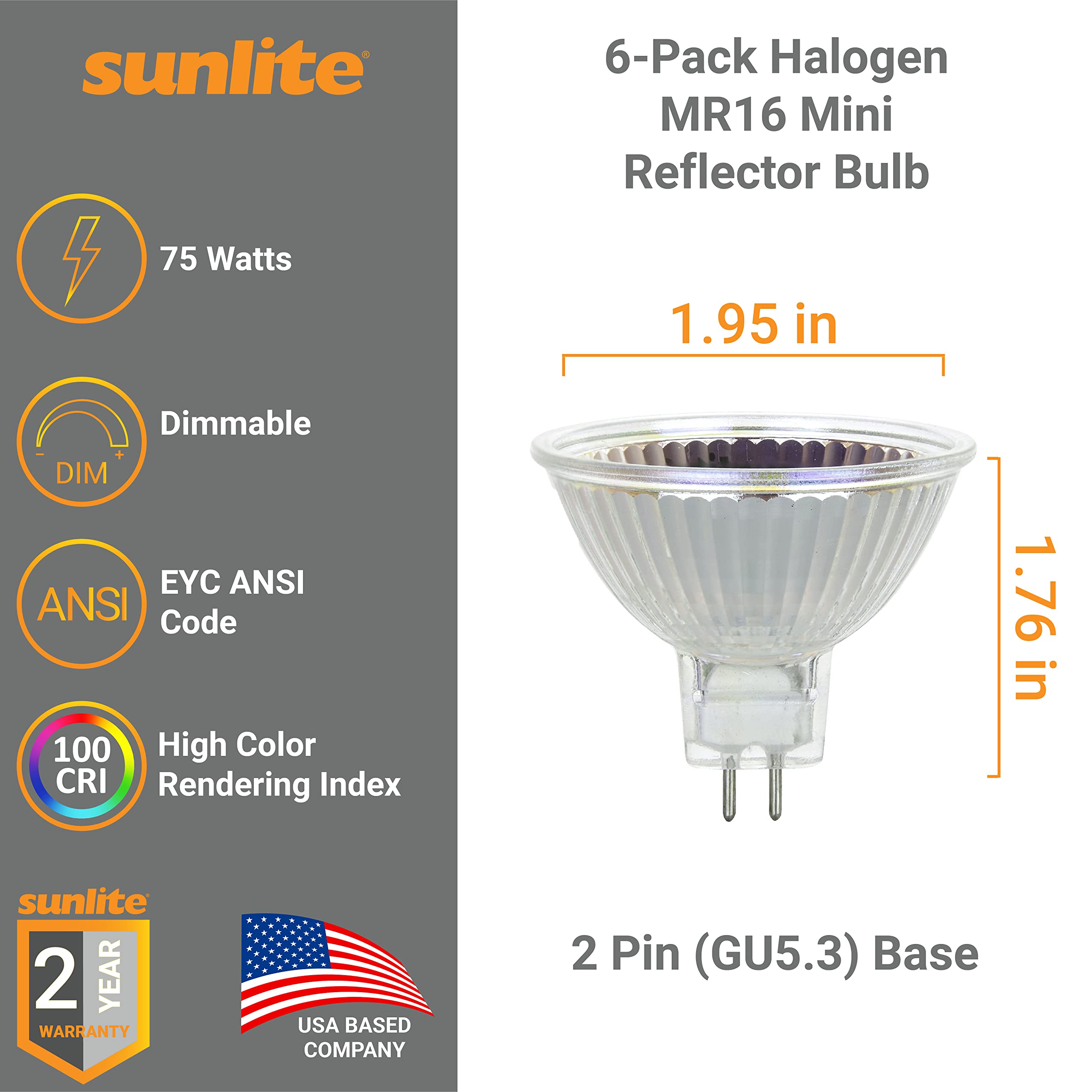 6 Pack Sunlite 75 Watt, 38 Flood, MR16 Mini Reflector, GU5.3 Bi-Pin Base