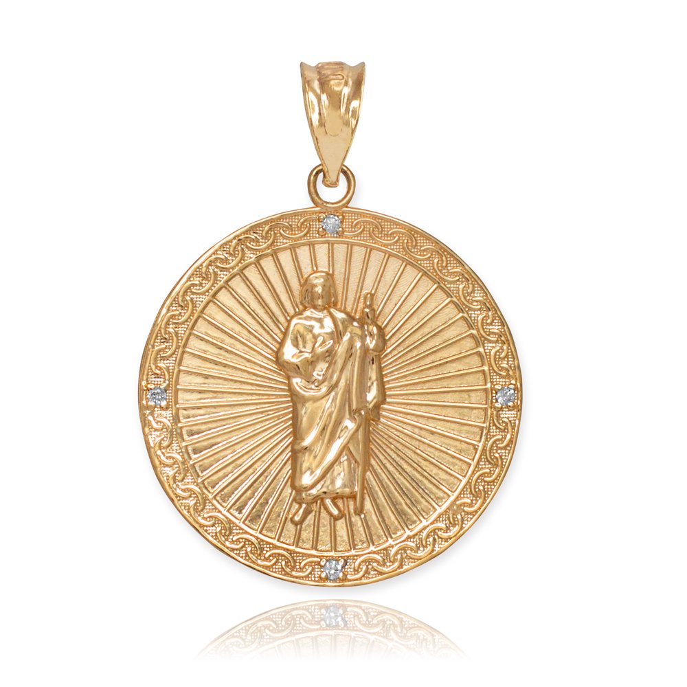 10k Gold Saint Jude Thaddeus Diamond Round Medal Charm Pendant (Small)