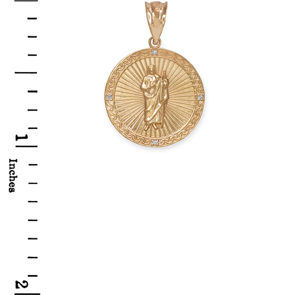 10k Gold Saint Jude Thaddeus Diamond Round Medal Charm Pendant (Small)