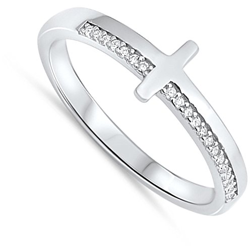 Clear CZ Sideways Cross Christian Love Ring .925 Sterling Silver Band Size 9