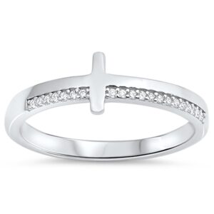 clear cz sideways cross christian love ring .925 sterling silver band size 9