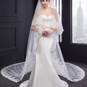 EllieHouse Women's 2 Tier Cathedral Lace White Wedding Bridal Veil With Comb L01WT