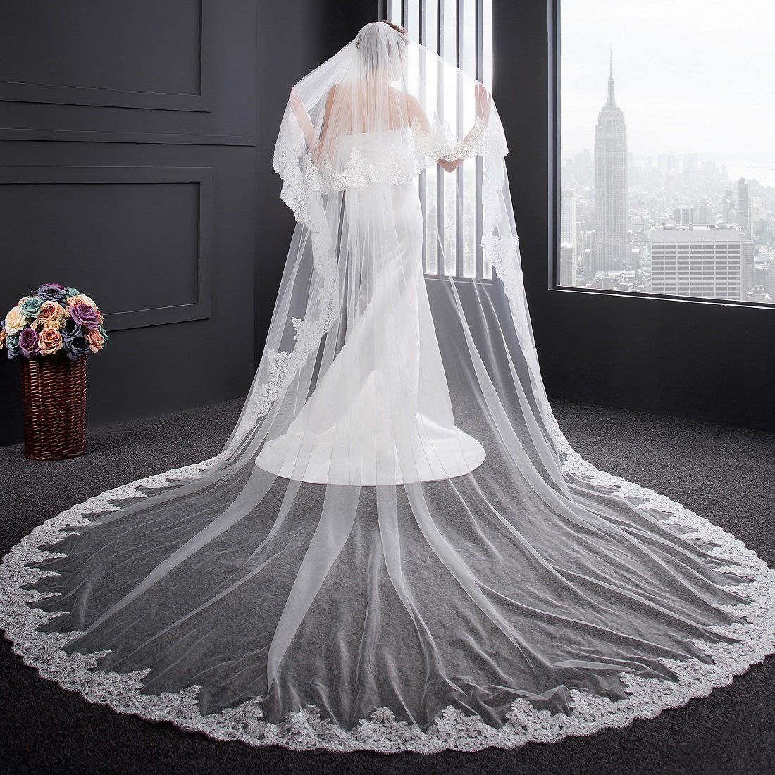 EllieHouse Women's 2 Tier Cathedral Lace White Wedding Bridal Veil With Comb L01WT