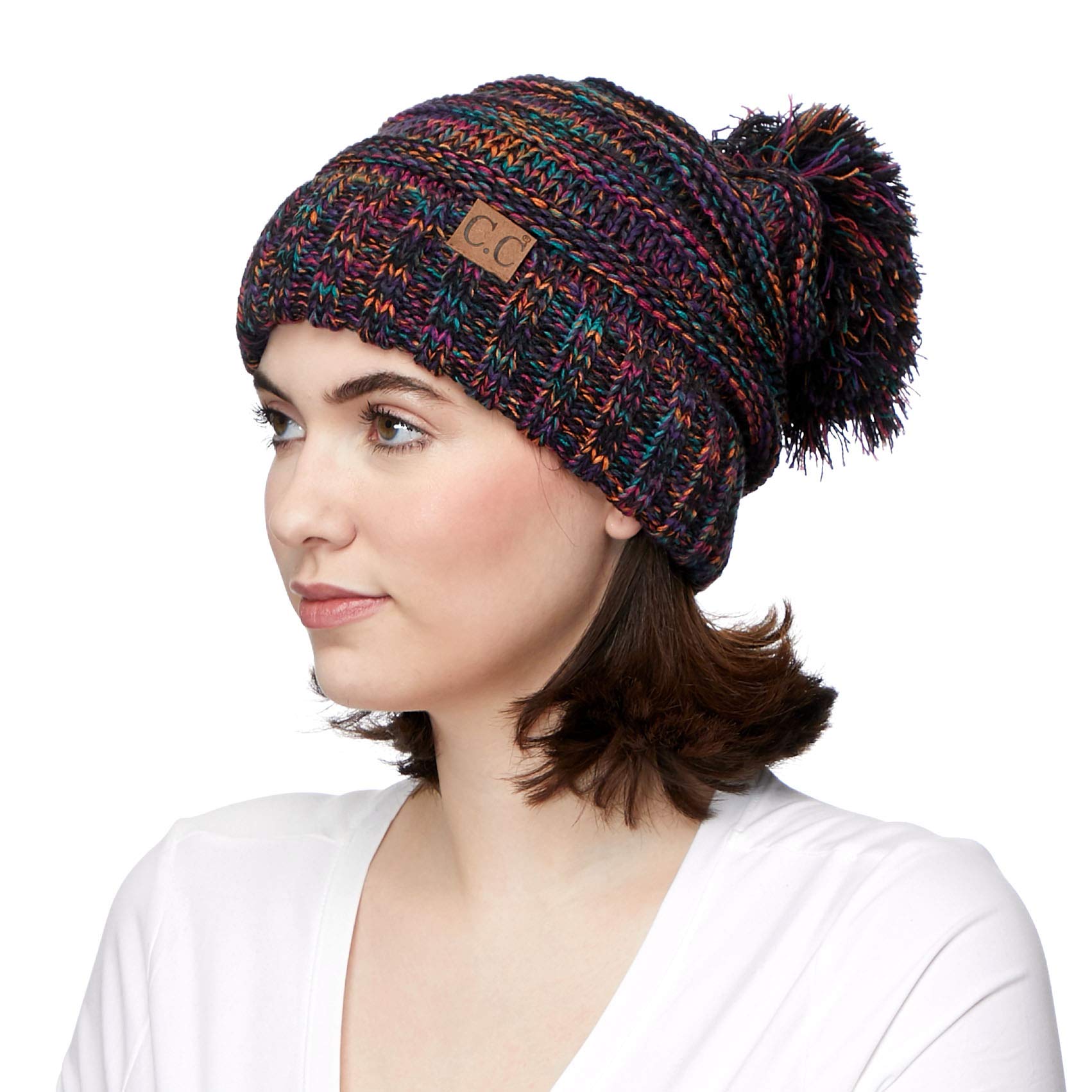 Hatsandscarf CC Exclusives Unisex Oversized Slouchy Beanie with Pom (HAT-6242POM) (Black Multi Amazon)