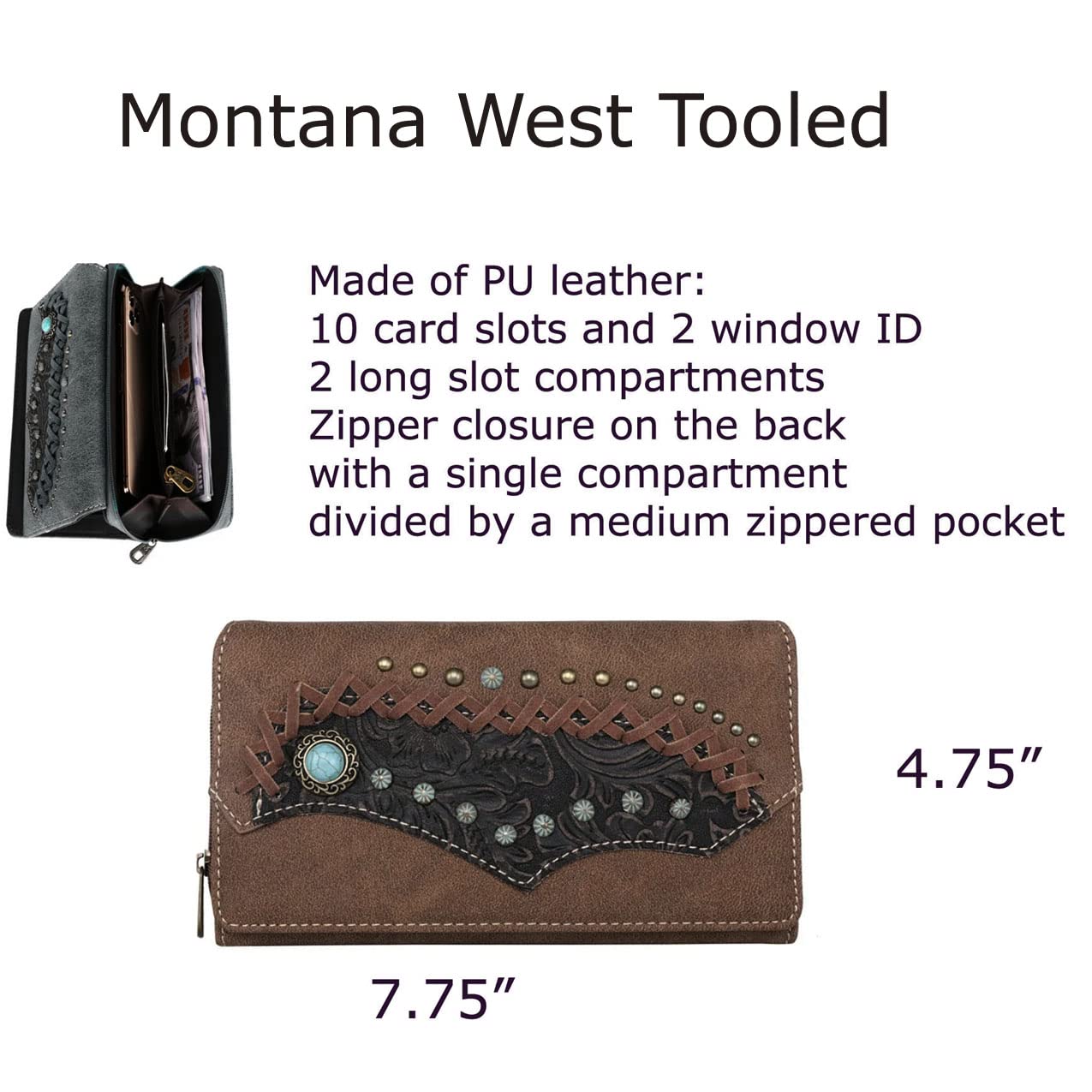 Montana West Womens Leather Wallet Clutch Western Bling Embroidery Embossed Tooled (Coffee Trinity Ranch Leather W Concho)