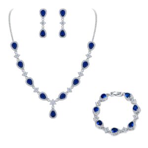 elequeen women's silver-tone cubic zirconia teardrop flower bridal v-necklace sets tennis bracelet dangle earrings sapphire color