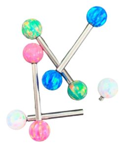 lobal domination 1 piece internally threaded 5mm opal balls 1/2" steel barbell nipple, tongue ring - 14g (white)