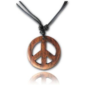 earth accessories adjustable peace sign pendant necklace with organic wood - hippie accessories and hippie costume for 60s or 70s