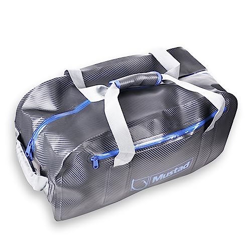 Mustad Dry Duffle Bag 50L, Water-Resistant 500-Denier Tarpaulin, Zippered Main Compartment, Adjustable Shoulder Straps, Grey/Blue