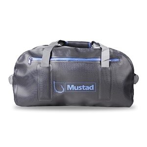 mustad dry duffle bag 50l, water-resistant 500-denier tarpaulin, zippered main compartment, adjustable shoulder straps, grey/blue