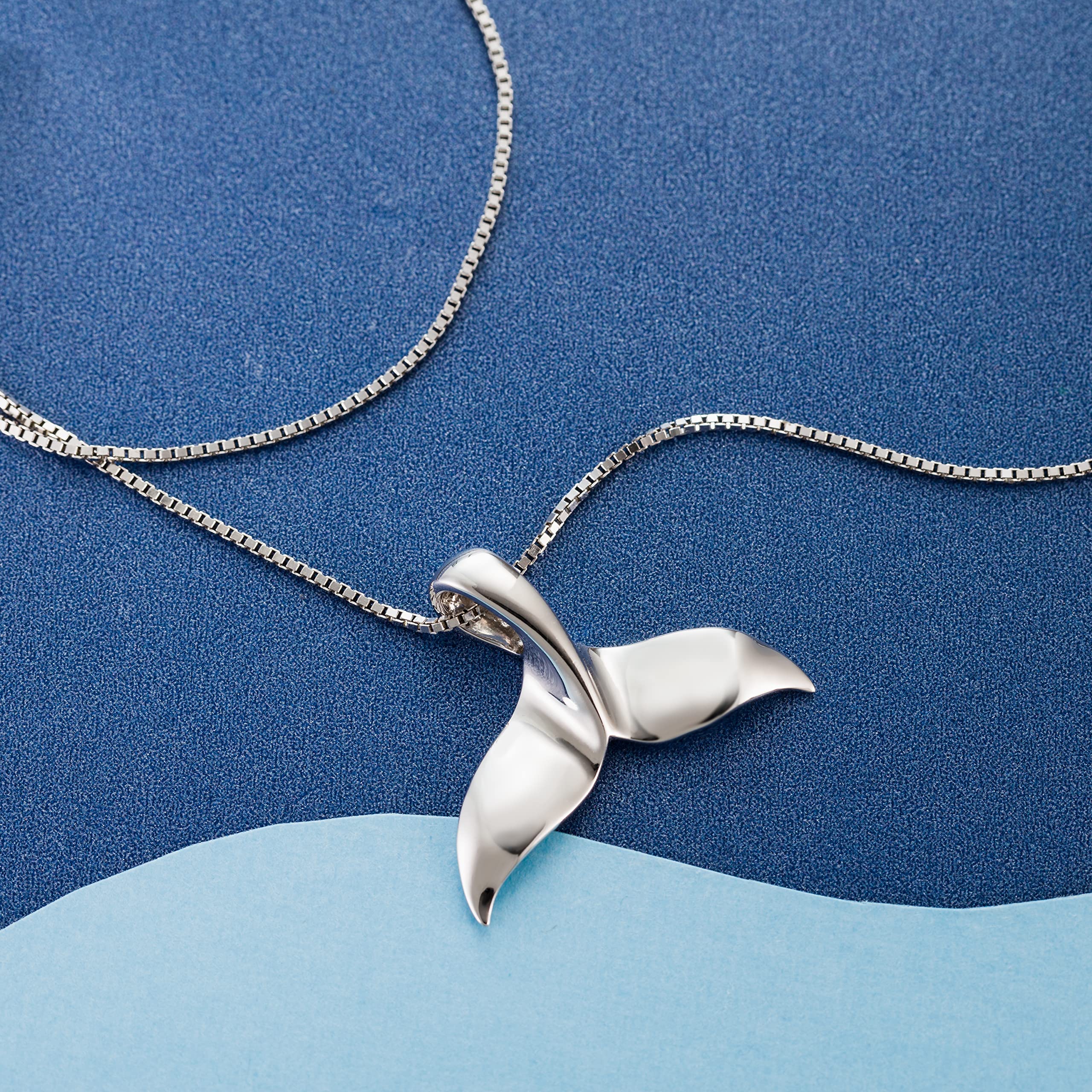 925 Sterling Silver Whale Tail Pendant with 18" Box Chain, Nickle Free Hypoallergenic for Sensitive Skin, Tropical Ocean Jewelry for Women, with Gift Box (Extra Large)