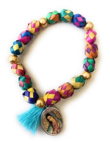 made in mexico our lady of guadalupe colored palm bracelet with prayer pulsera de palma con dije de virgen de guadalupe