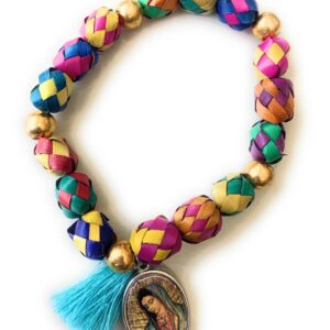 Made in Mexico Our Lady of Guadalupe colored palm Bracelet with prayer Pulsera de palma con dije de Virgen de Guadalupe