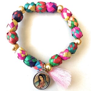 Made in Mexico Our Lady of Guadalupe colored palm Bracelet with prayer Pulsera de palma con dije de Virgen de Guadalupe