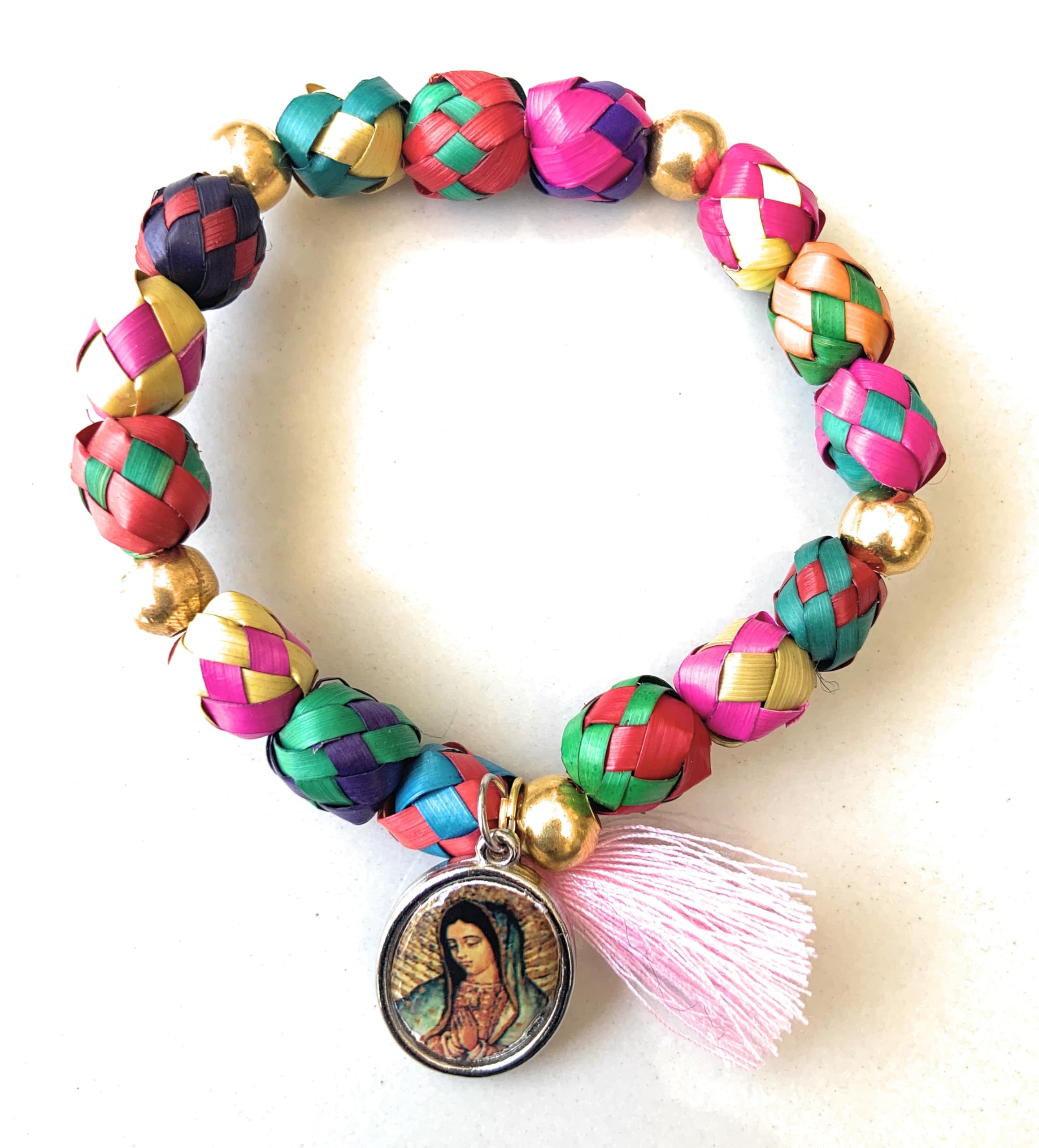 Made in Mexico Our Lady of Guadalupe colored palm Bracelet with prayer Pulsera de palma con dije de Virgen de Guadalupe