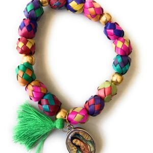 Made in Mexico Our Lady of Guadalupe colored palm Bracelet with prayer Pulsera de palma con dije de Virgen de Guadalupe