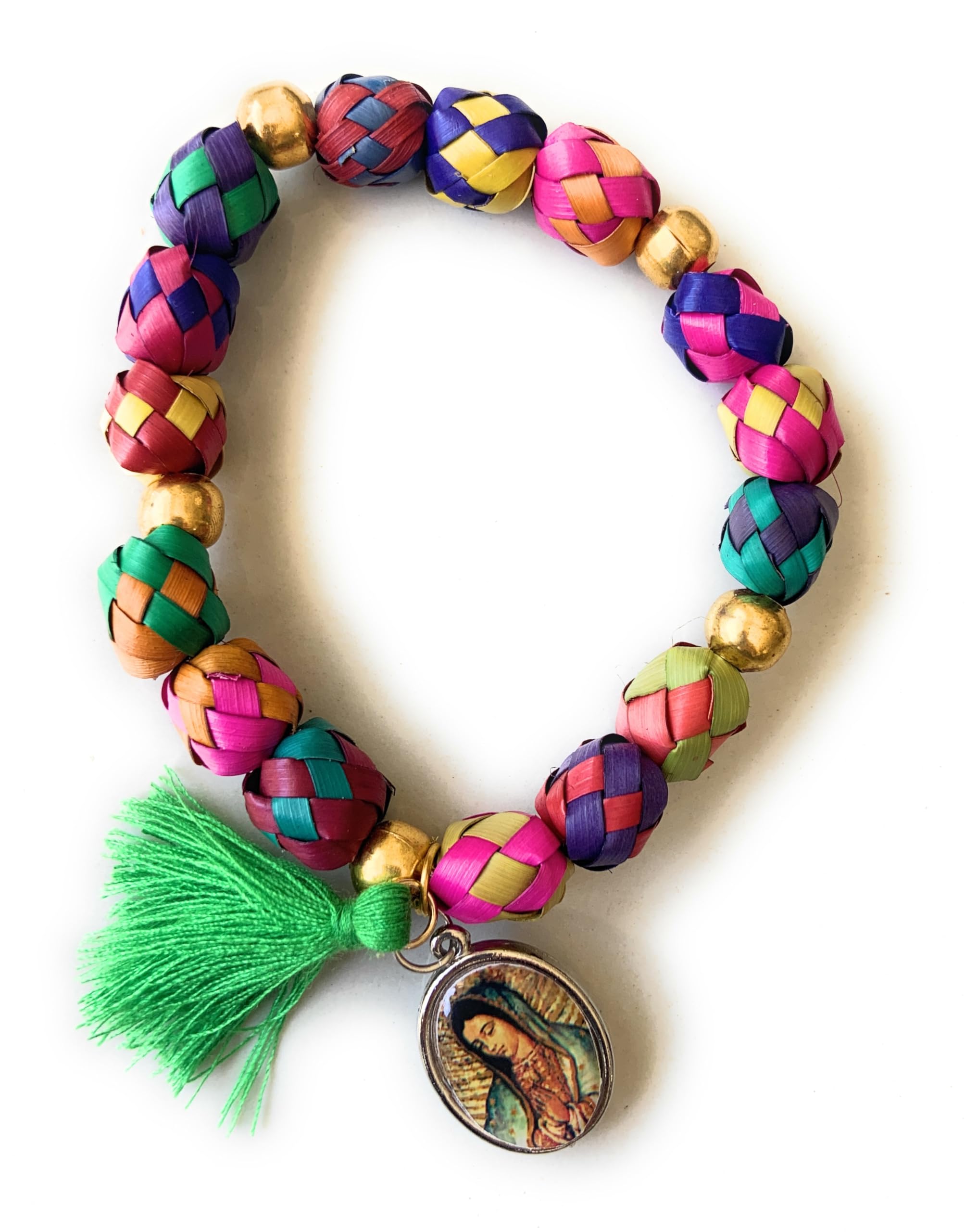 Made in Mexico Our Lady of Guadalupe colored palm Bracelet with prayer Pulsera de palma con dije de Virgen de Guadalupe