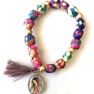 Made in Mexico Our Lady of Guadalupe colored palm Bracelet with prayer Pulsera de palma con dije de Virgen de Guadalupe