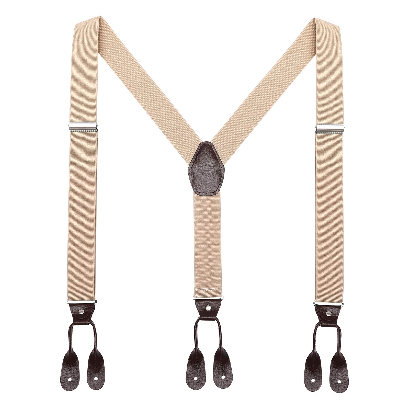 AWAYTR Mens Brown Button End Suspenders - Adjustable Elastic Y Shape Tuxedo Suspender (Khaki)