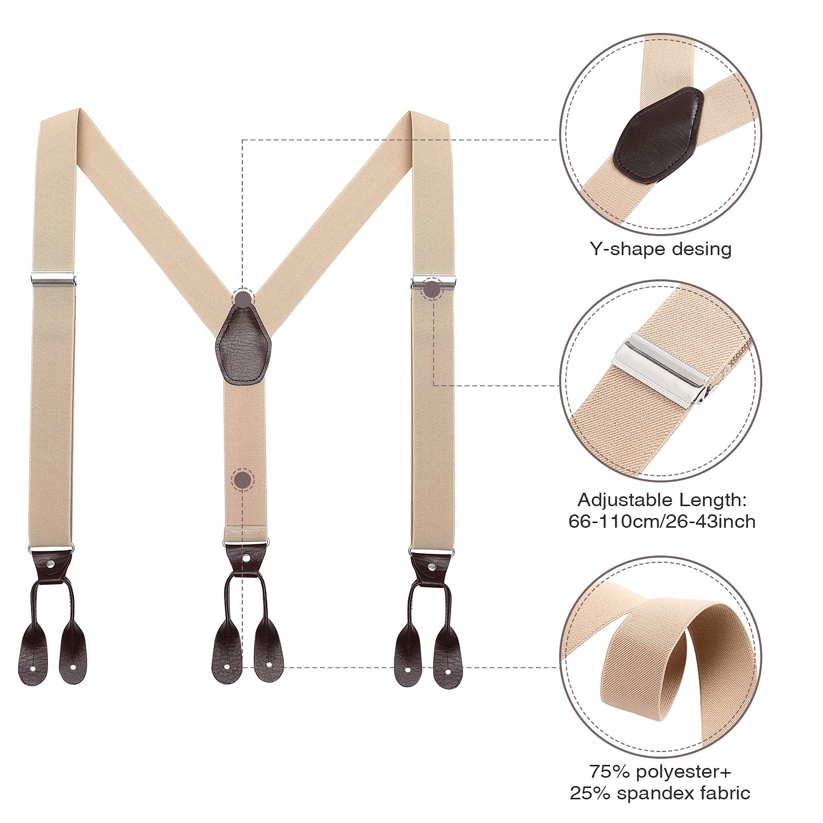 AWAYTR Mens Brown Button End Suspenders - Adjustable Elastic Y Shape Tuxedo Suspender (Khaki)