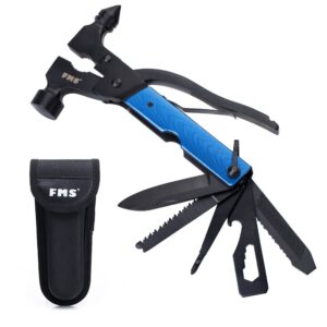 fms stainless steel multi tool, portable multi-functional hammer kit with nylon belt pouch for car emergency, camping, household