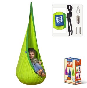 amazeyou kids swing hammock pod chair - child's rope hanging sensory seat nest indoor outdoor use inflatable pillow - great children, all accessories included (green)