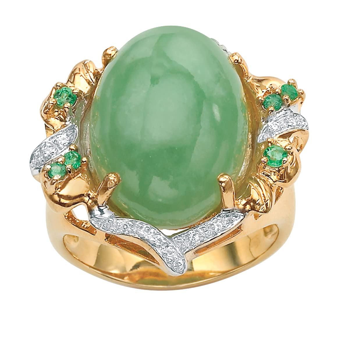 PalmBeach Yellow Gold-plated Sterling Silver Oval Shaped Genuine Green Jade and Round Genuine Emeralds and Cubic Zirconia Ring Sizes 7-11 Size 8