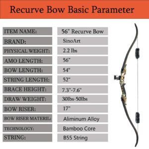 SinoArt 56" Recurve Bow with 30" Max Draw 30 35 40 45 50lb Draw Weight Right Hand Outdoor Hunting Bows&Arrows Archery Set (Camouflage) (35LB)