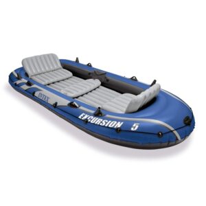 intex excursion heavy duty 5 person inflatable rafting and fishing boat set with 2 oars, air pump, and carry bag for lakes and mild rivers, blue