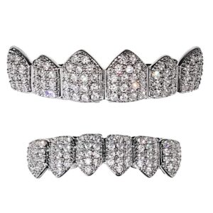 cz grillz set silver tone cubic zirconia micro pave bling teeth top & bottom row iced hip hop grills