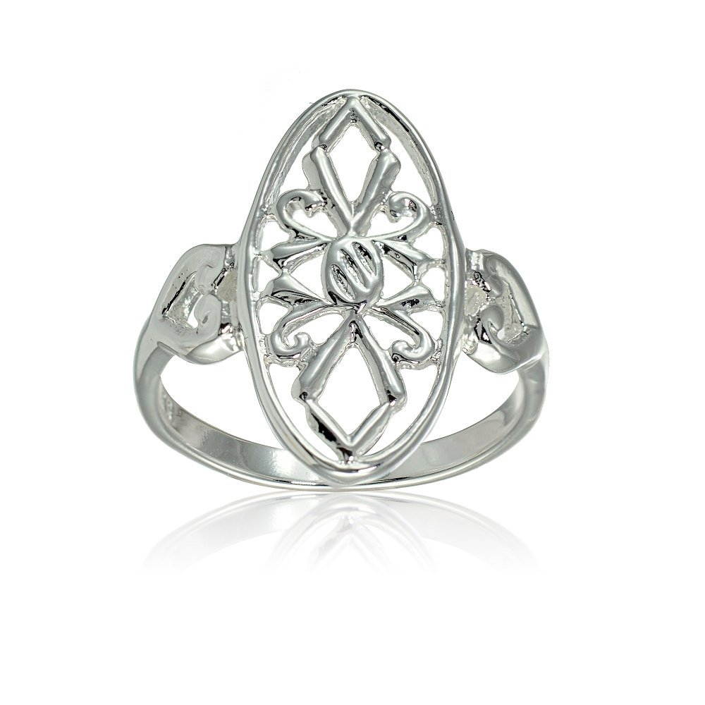 Hoops & Loops Sterling Silver Filigree Oval Shaped Shield Ring, Size 8