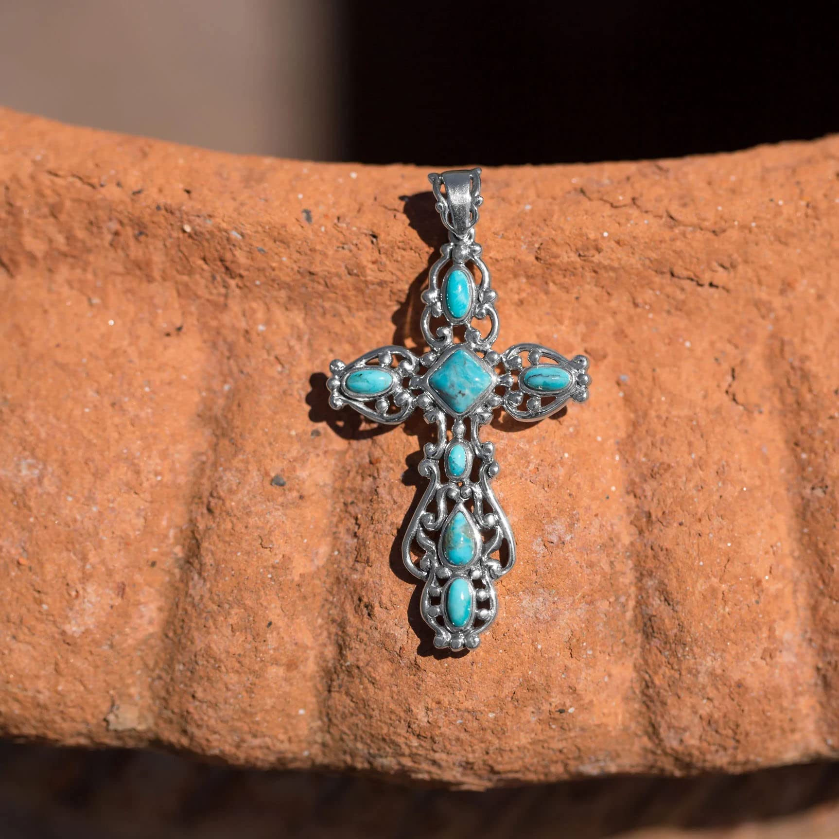 AzureBella Jewelry Reconstituted Turquoise Cross Pendant Sterling Silver, Pendant Only