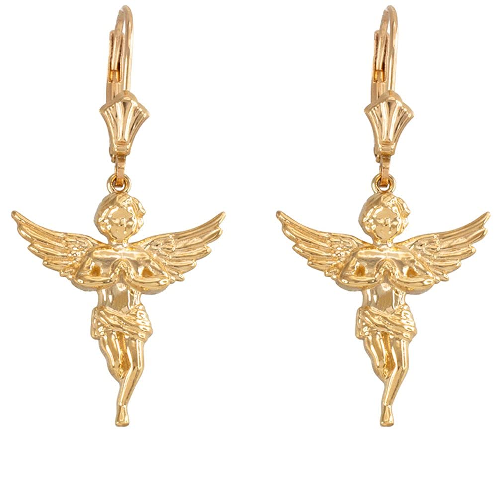 Fine 14K Yellow Gold Praying Angel Dangle Leverback Earrings