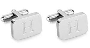 18k white-gold plated initial engraved stainless steel men’s cufflinks with gift box -personalized alphabet letter’s a-z by lux & pair (h- white gold)