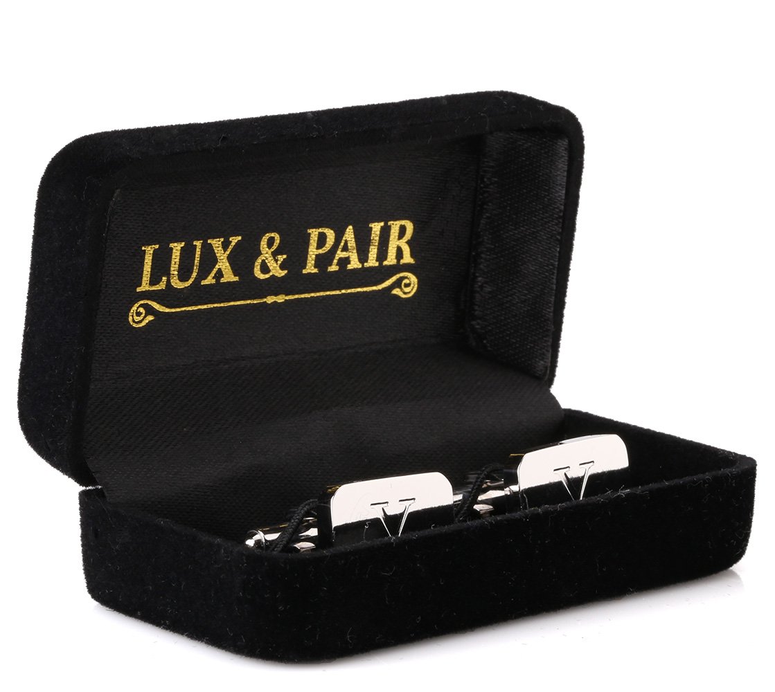 18K White-Gold Plated Initial Engraved Stainless Steel Men’s Cufflinks With Gift Box -Personalized Alphabet Letter’s A-Z By Lux & Pair (H- White Gold)