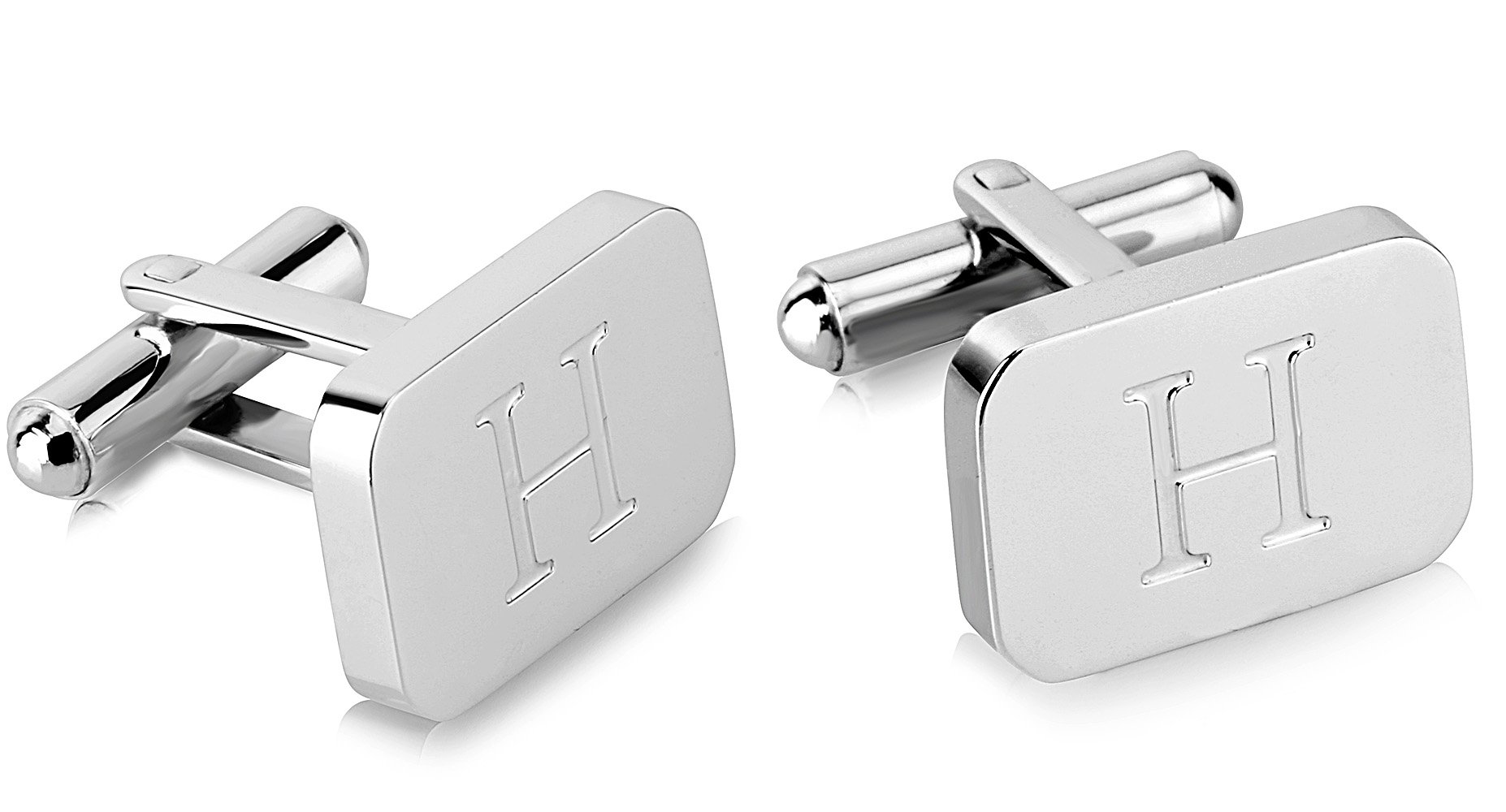 18K White-Gold Plated Initial Engraved Stainless Steel Men’s Cufflinks With Gift Box -Personalized Alphabet Letter’s A-Z By Lux & Pair (H- White Gold)